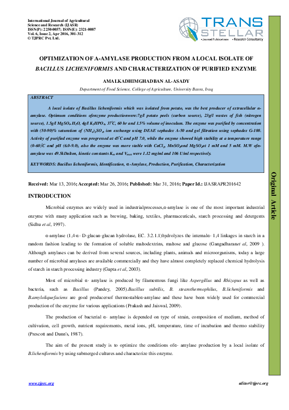 (PDF) Purification and comparison properties of crude enzyme withpurified Î±-amylase from ...