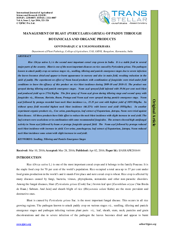 MANAGEMENT OF BLAST (PYRICULARIA GRISEA) OF PADDY THROUGH BOTANICALS ...