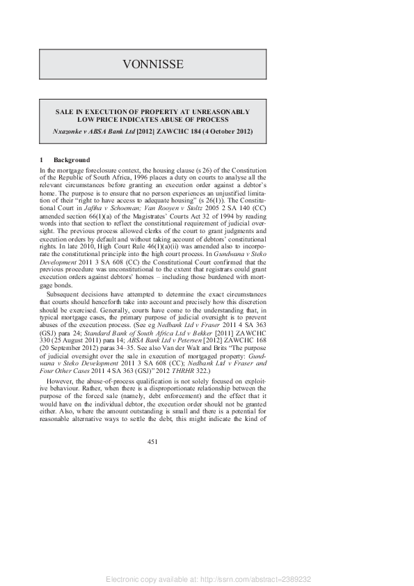 (PDF) R Brits "Sale in execution of property at unreasonably low price ...