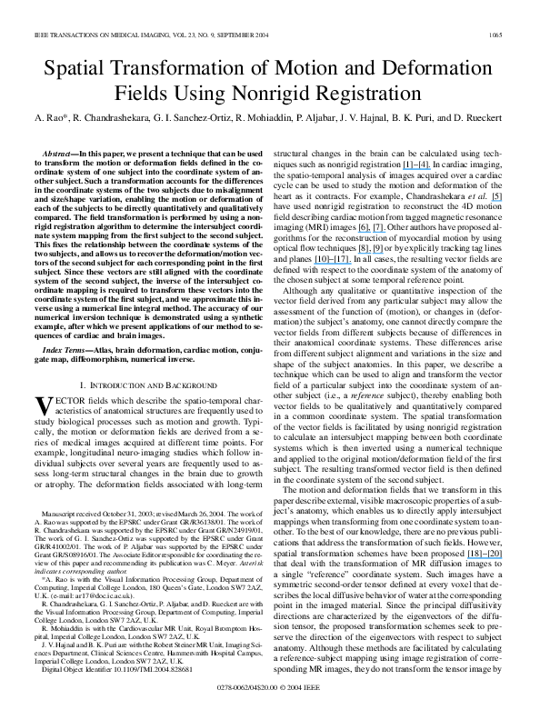 Pdf Spatial Transformation Of Motion And Deformation Fields Using Nonrigid Registration
