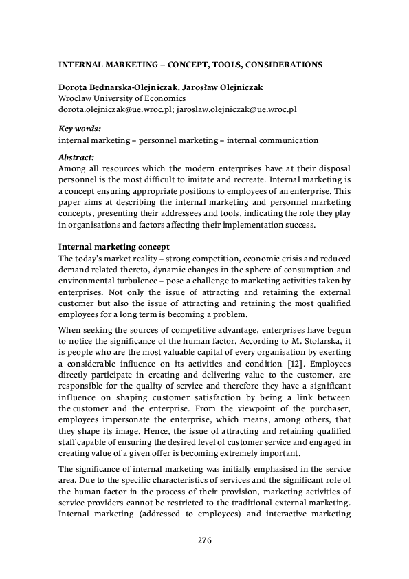 Internal marketing - concept, tools, consideration