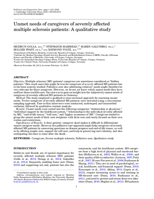 (PDF) Unmet needs of caregivers of severely affected multiple sclerosis patients: A qualitative ...