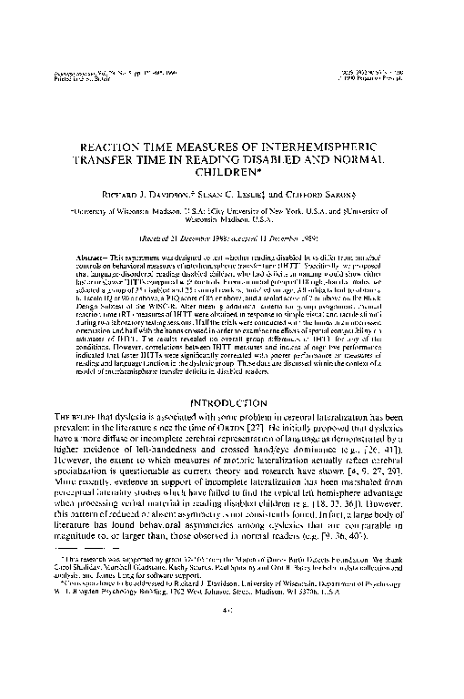 (PDF) Reaction time measures of interhemispheric transfer time in ...