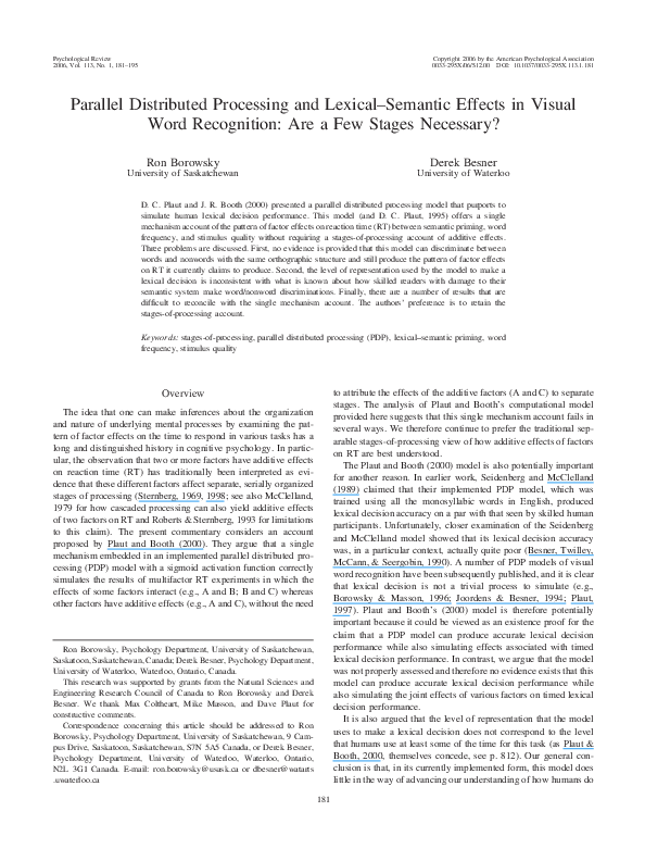 Pdf Parallel Distributed Processing And Lexical Semantic Effects In