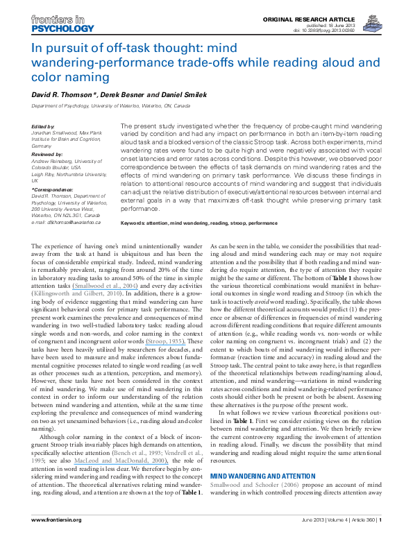 (PDF) In pursuit of off-task thought: mind wandering-performance trade ...