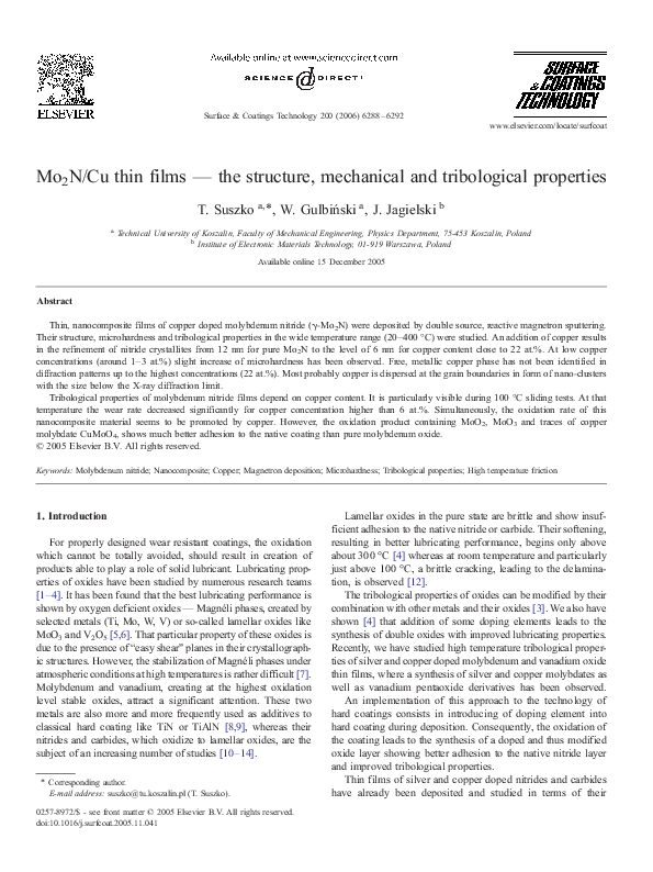 (PDF) Mo2N/Cu thin films — the structure, mechanical and tribological ...