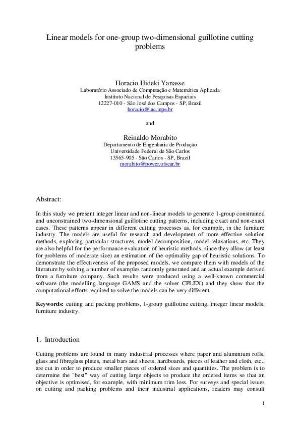 (PDF) Linear models for 1-group two-dimensional guillotine cutting problems