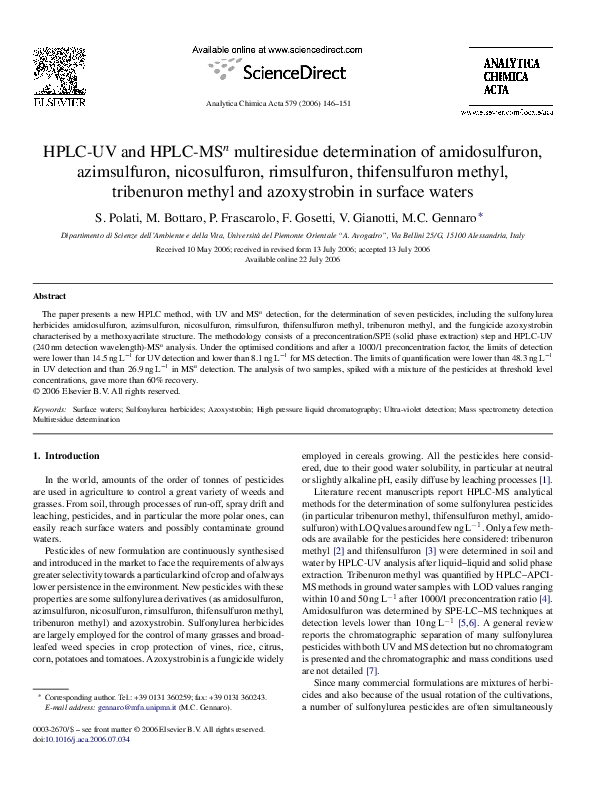 (PDF) HPLC-UV and HPLC-MSn multiresidue determination of amidosulfuron ...