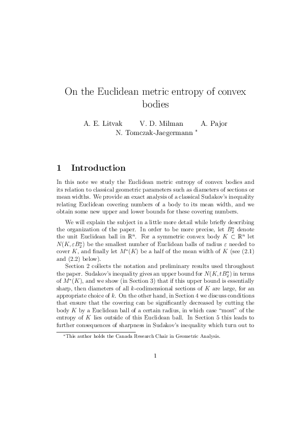 Pdf On The Euclidean Metric Entropy Of Convex Bodies N Tomczak