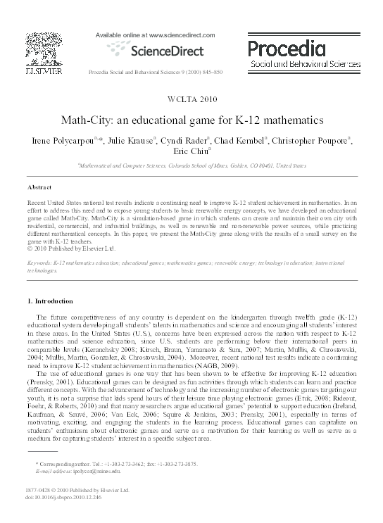 (PDF) Math-City: an educational game for K-12 mathematics