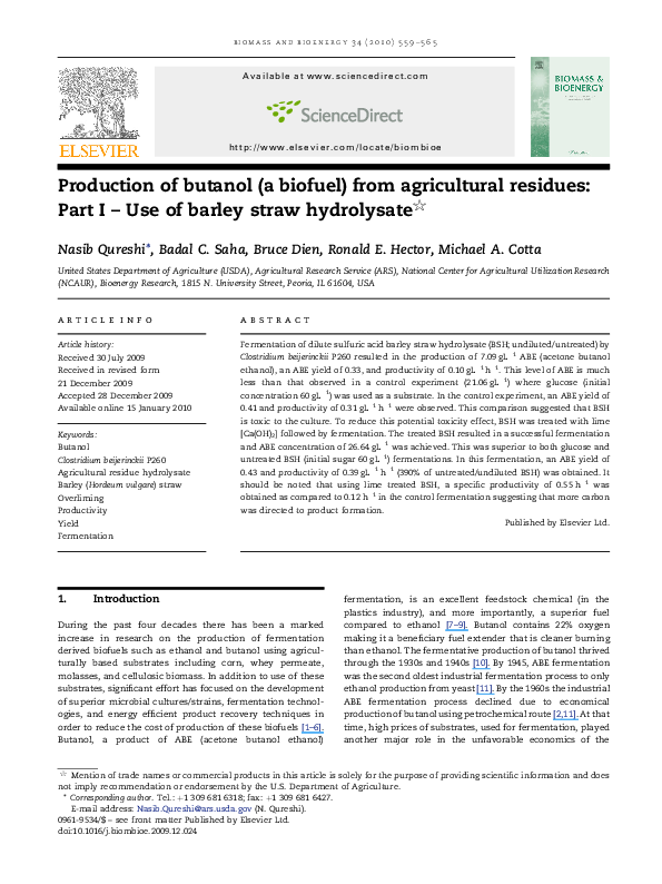 (PDF) Production of butanol (a biofuel) from agricultural residues ...