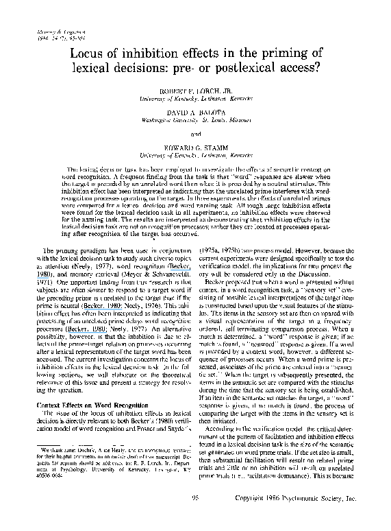 (PDF) Locus of inhibition effects in the priming of lexical decisions ...