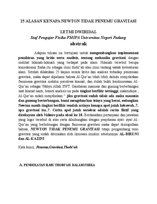 (DOC) 25 ALASAN KENAPA NEWTON TIDAK PENEMU GRAVITASI