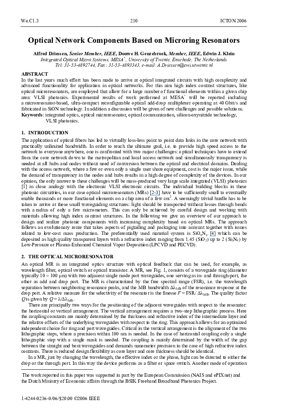 (PDF) Optical Network Components Based on Microring Resonators