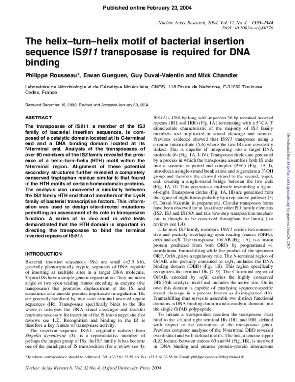 Pdf The Helix Turn Helix Motif Of Bacterial Insertion Sequence Is911 Transposase Is Required