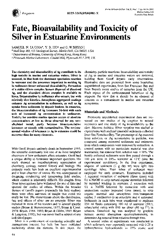 (PDF) Fate, bioavailability and toxicity of silver in estuarine ...