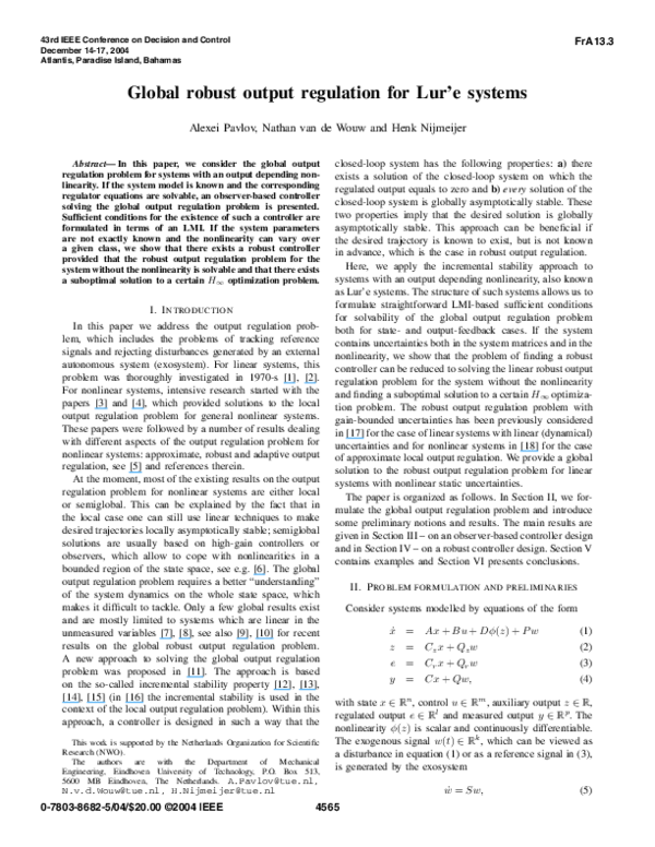 (PDF) Global robust output regulation for Lur'e systems