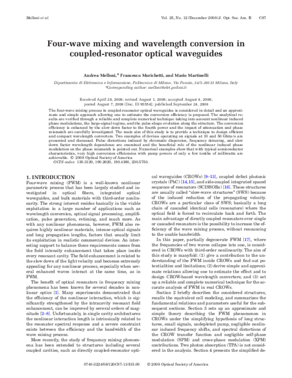 (PDF) Four-wave mixing and wavelength conversion in coupled-resonator optical waveguides