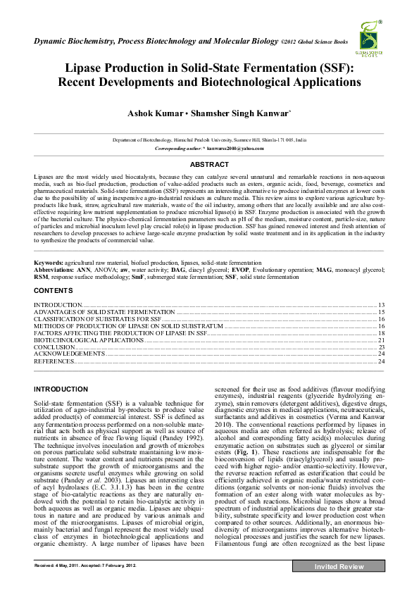 (PDF) Lipase production in solid state fermentation using aspergillus niger: Response surface ...