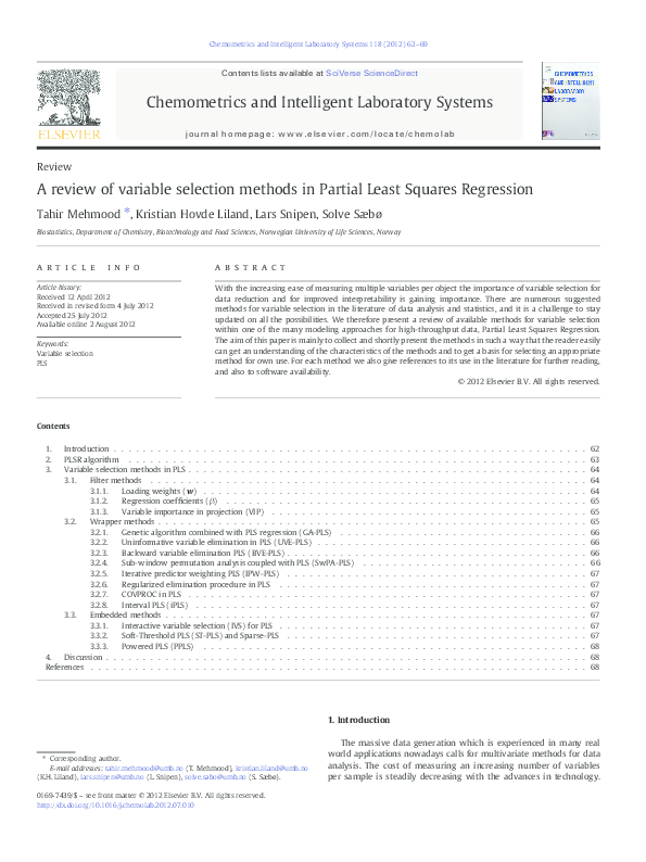 Pdf A Review Of Variable Selection Methods In Partial Least Squares