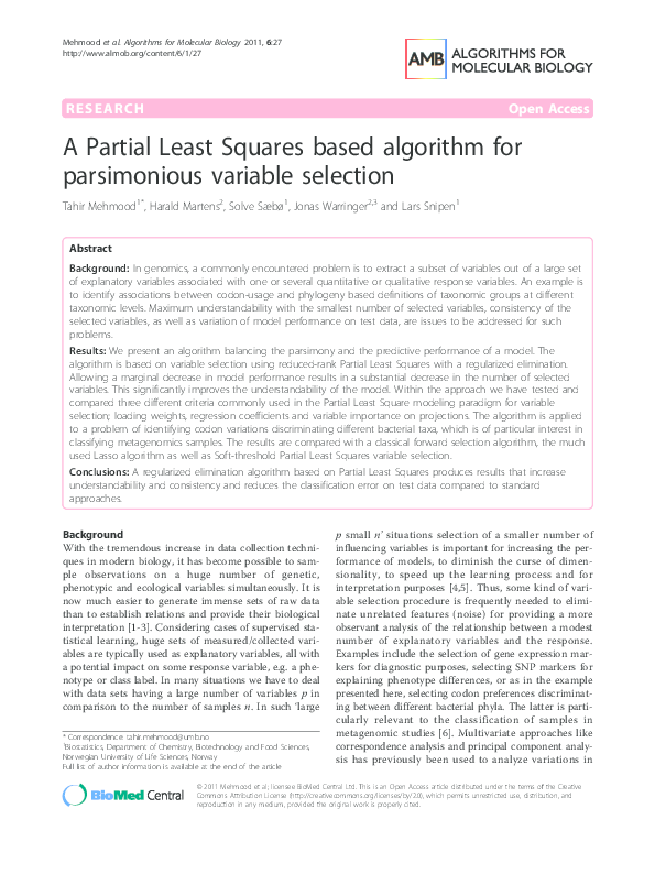 Pdf A Partial Least Squares Based Algorithm For Parsimonious Variable Selection