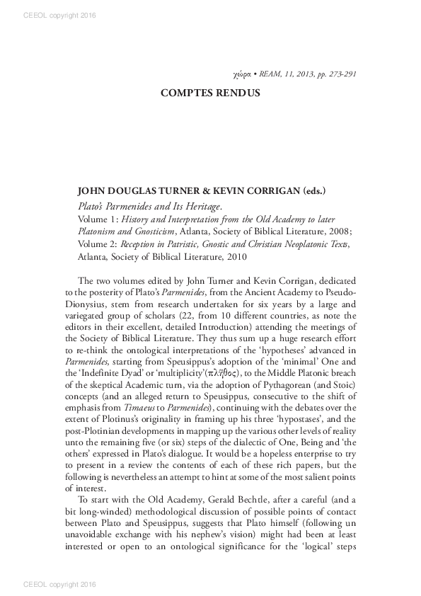 Review chora - Plato’s Parmenides and Its Heritage, JOHN DOUGLAS TURNER ...