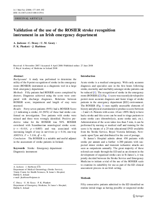 (PDF) Validation of the use of the ROSIER stroke recognition instrument ...