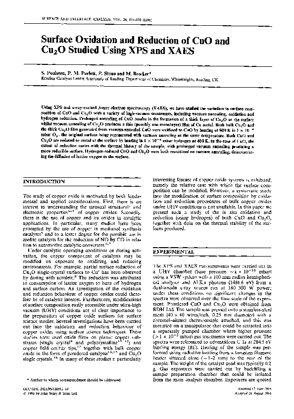 (PDF) Surface Oxidation and Reduction of CuO and Cu2O Studied Using XPS ...