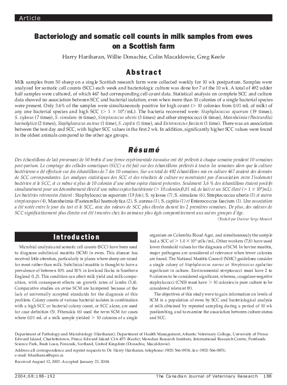 (PDF) Bacteriology and somatic cell counts in milk samples from ewes on a Scottish farm