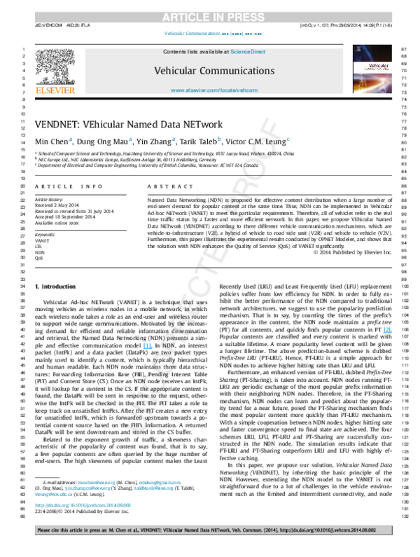 (PDF) VENDNET: VEhicular Named Data NETwork