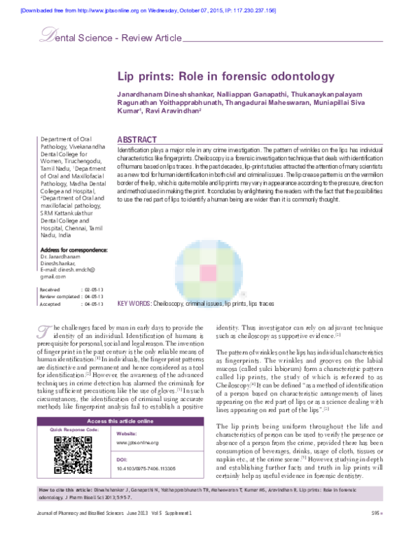 (PDF) Lip prints Role in forensic odontology
