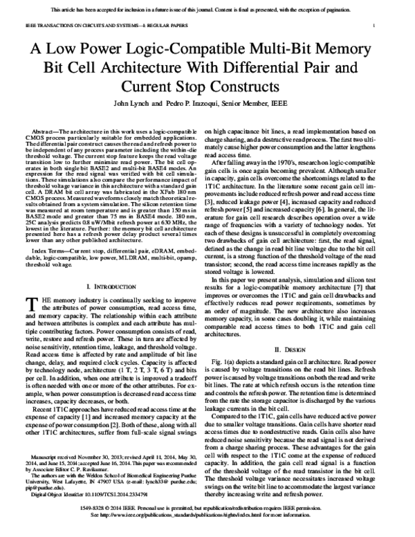 Pdf A Low Power Logic Compatible Multi Bit Memory Bit Cell
