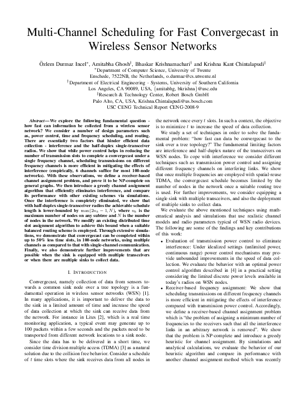 (PDF) Multi-Channel Scheduling for Fast Convergecast in Wireless Sensor Networks