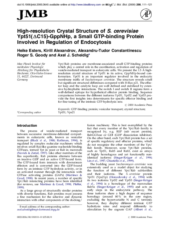 (PDF) High-resolution crystal structure of S. cerevisiae Ypt51(ΔC15 ...