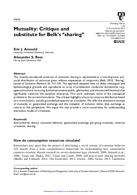 (PDF) Mutuality: Critique and substitute for Belk's ''sharing''