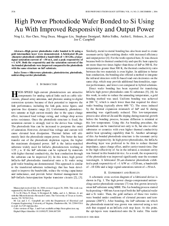 (PDF) High Power Photodiode Wafer Bonded to Si Using Au With Improved ...