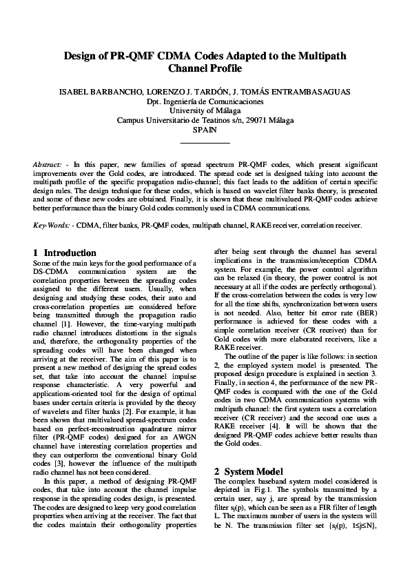 (PDF) Design of PR-QMF CDMA Codes Adapted to the Multipath Channel Profile