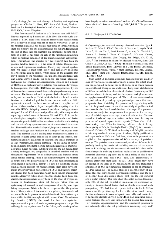 (PDF) 6. Cryobiology for stem cell therapy: Research overview