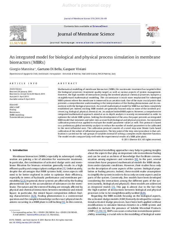 (PDF) An integrated model for biological and physical process simulation in membrane bioreactors ...