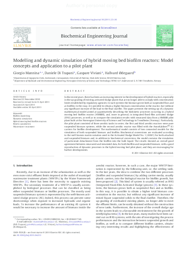 (PDF) Modelling and dynamic simulation of hybrid moving bed biofilm ...