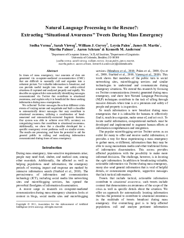 (PDF) Natural Language Processing to the Rescue? Extracting" Situational Awareness" Tweets ...