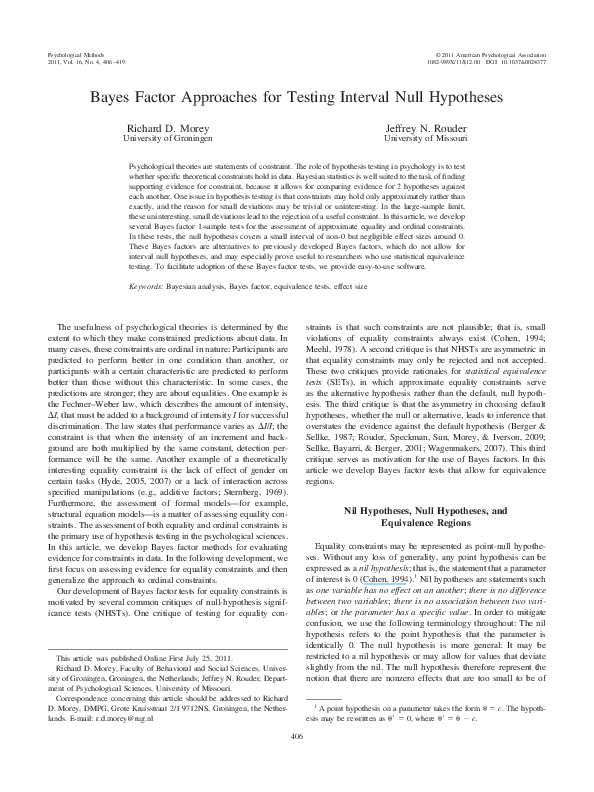 Pdf Bayes Factor Approaches For Testing Interval Null Hypotheses