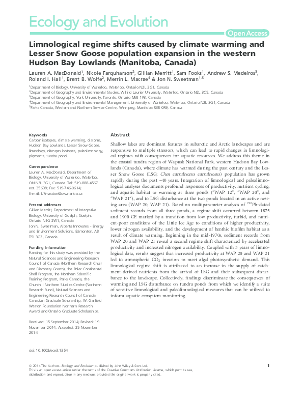 (PDF) Limnological regime shifts caused by climate warming and Lesser ...
