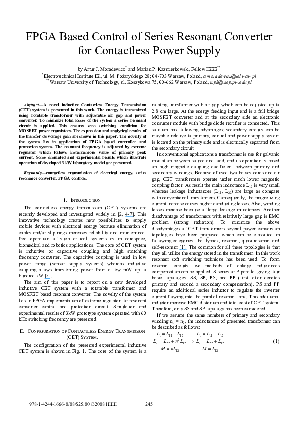 Pdf Fpga Based Control Of Series Resonant Converter For Contactless