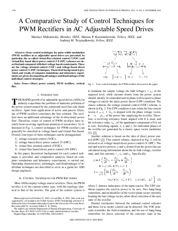 (PDF) A comparative study of control techniques for PWM rectifiers in AC adjustable speed drives