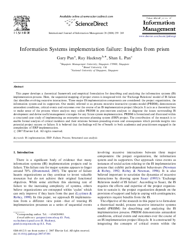 (PDF) Information Systems implementation failure: Insights from prism