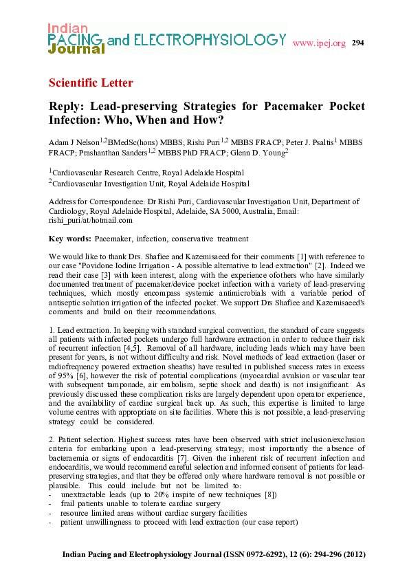 (PDF) Reply: Lead-preserving Strategies for Pacemaker Pocket Infection ...