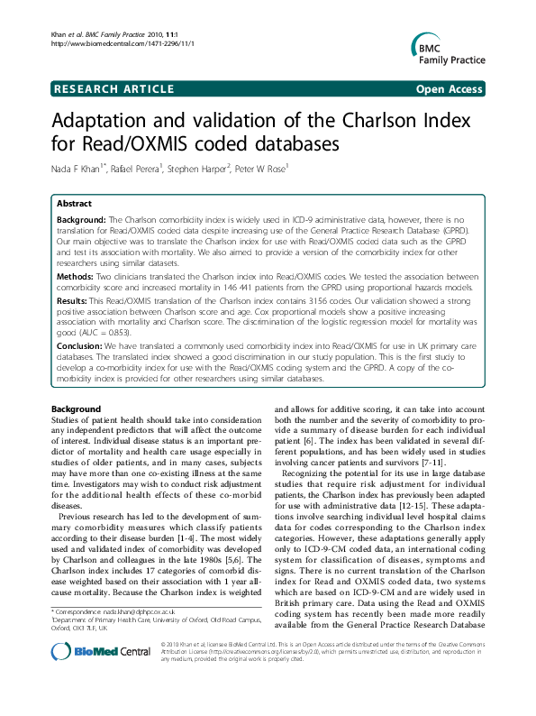 Pdf Adaptation And Validation Of The Charlson Index For Readoxmis Coded Databases