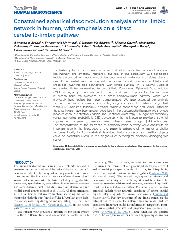 (PDF) Constrained spherical deconvolution analysis of the limbic network in human, with emphasis ...