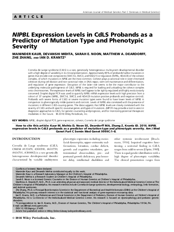 Pdf Nipbl Expression Levels In Cdls Probands As A Predictor Of